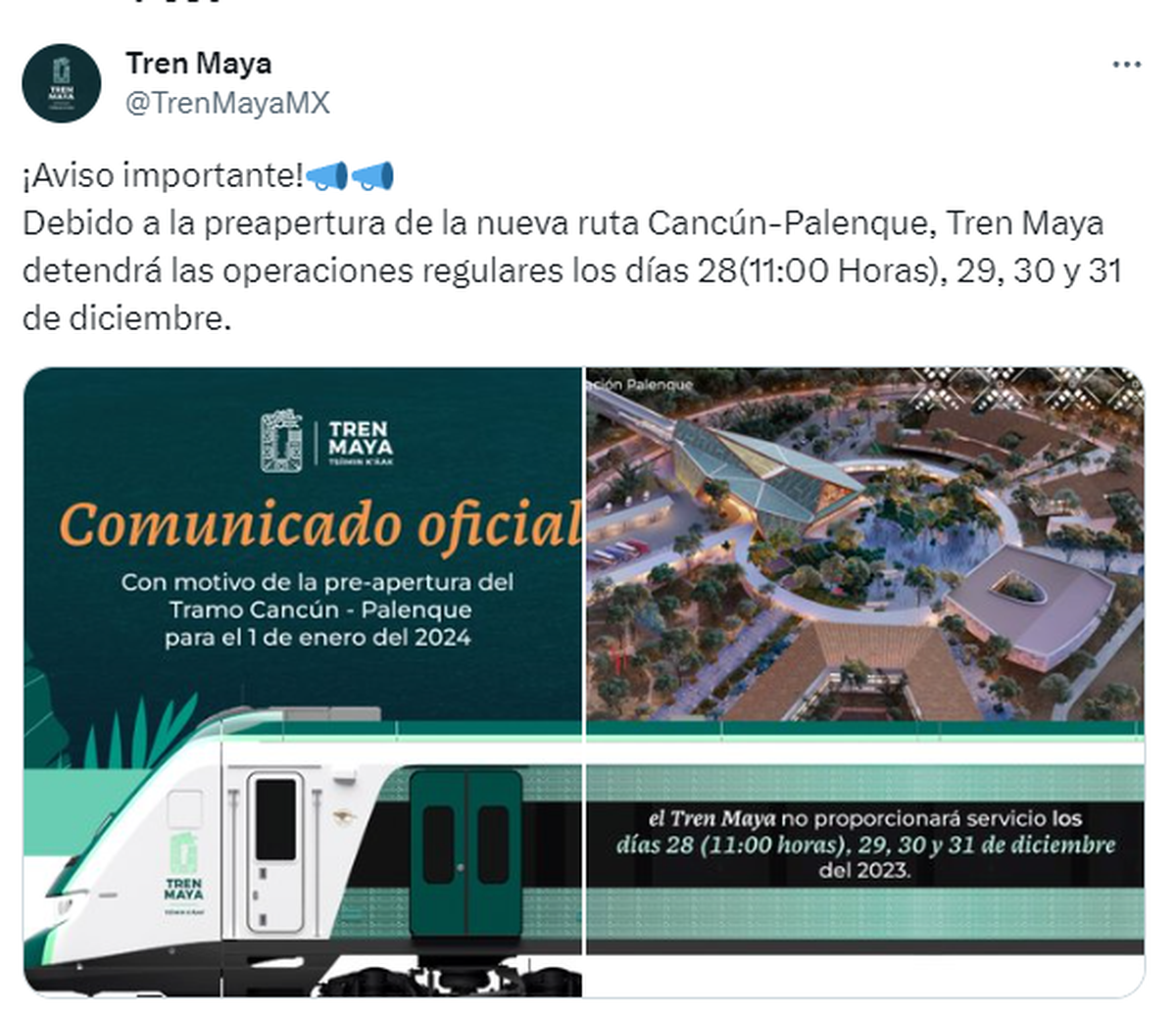 Tren Maya alista preapertura de ruta Cancún-Palenque